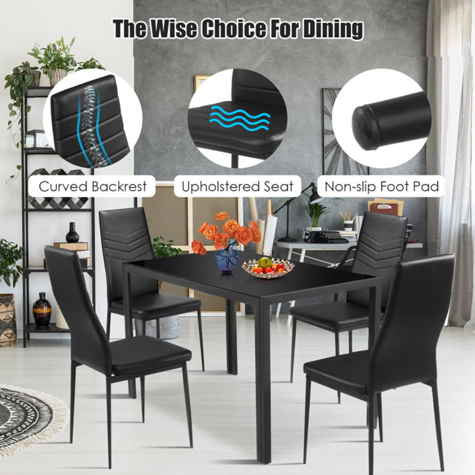 5 Piece Kitchen Dining Table Set for 4, Kitchen Dining Set Glass Metal Table and 4 Chairs Breakfast Furniture