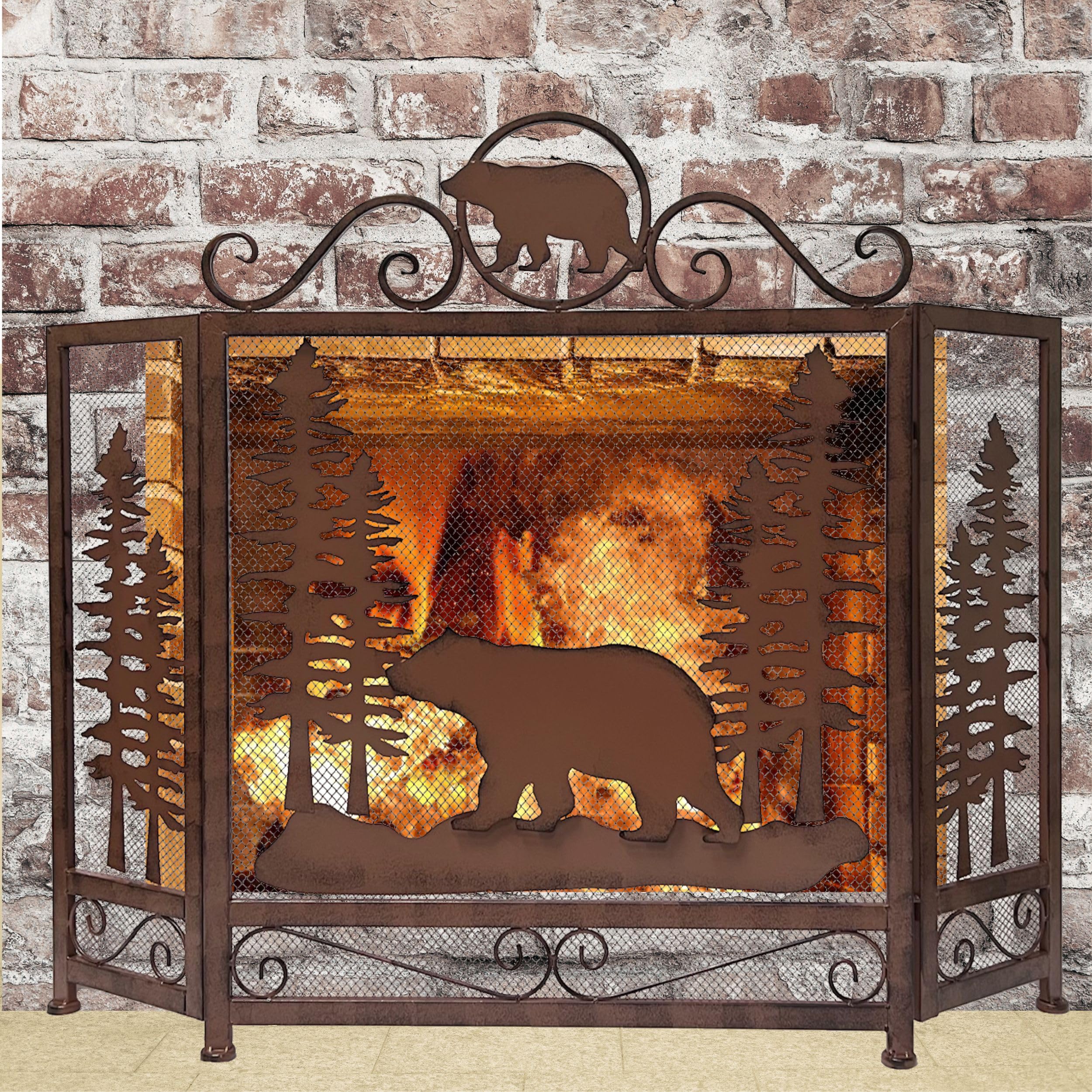 BestGiftEver 3-Panel Fireplace Screen Decorative with Bear Alone in The Forest - Stand Alone Fireplace Cover Metal Mesh Screen - Home Decorative Firescreen for Cabin, Wildlife, and Woodland Theme