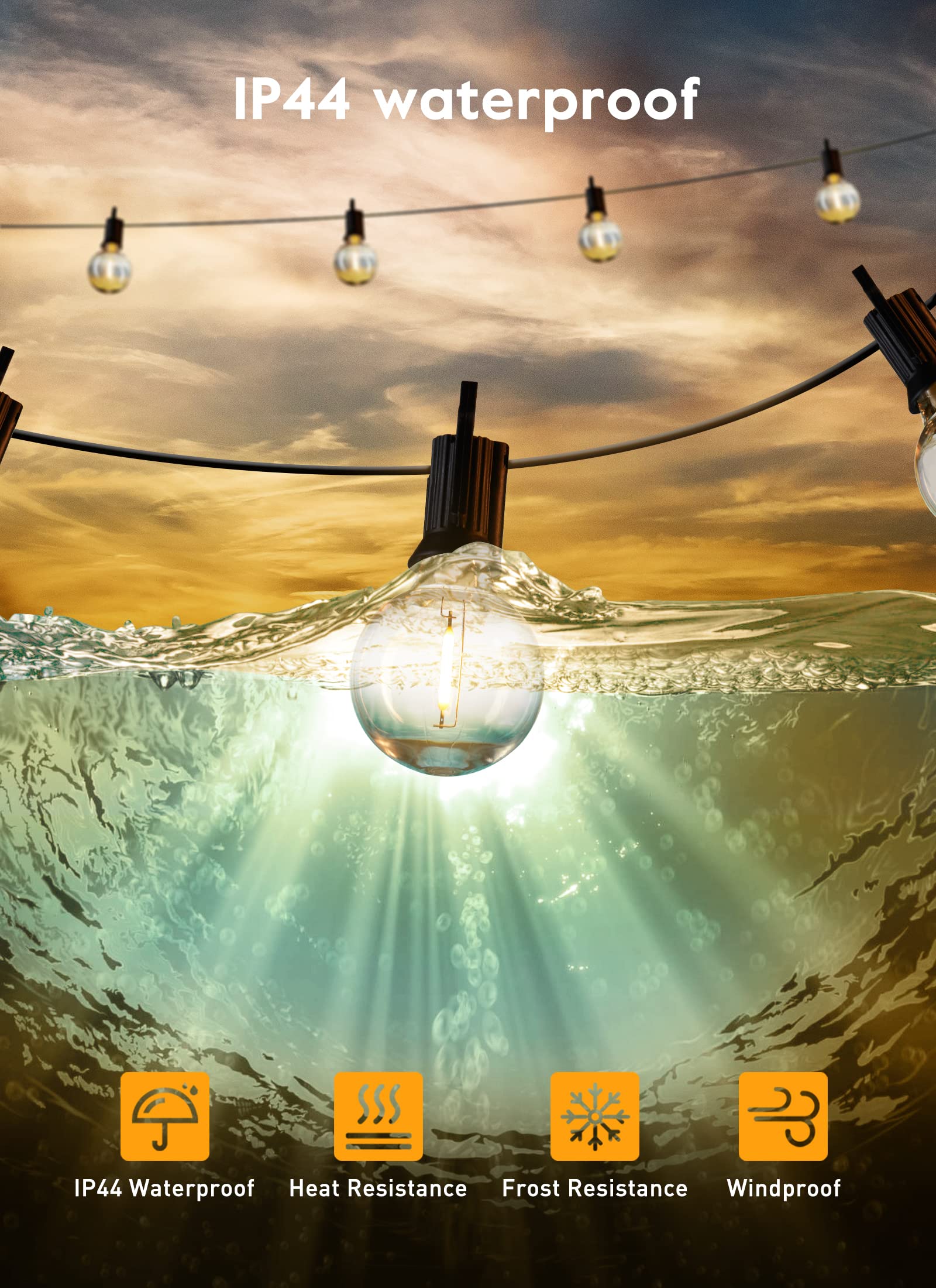 Brightown Led String Lights Outdoor 50Feet G40 Patio Lights with 52 Led Shatterproof Bulbs(2 Spare), Waterproof Led Globe Hanging Lights for Backyard Porch Bistro Balcony Decor, E12 Socket, 2200K