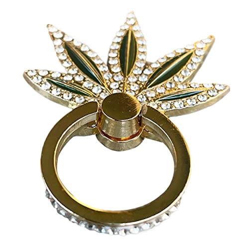 Cell Phone Ring Grip 360 Degree Rotation, Sparkly Crystal Stones Happy Leaf Design, Compatible with iPhone and Android Phone,Gold/Green,6008A-30