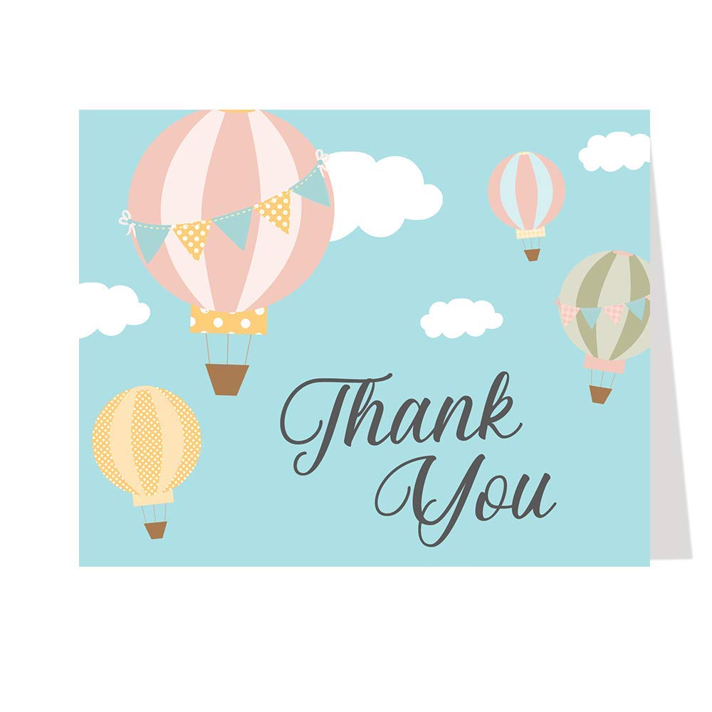 The Invite Lady Hot Air Balloon Thank You Cards Baby Shower Birthday Adventure Awaits Begins Journey Up Up and Away Fly Pink Yellow Blue Polka Dots Pennants (50 Count)