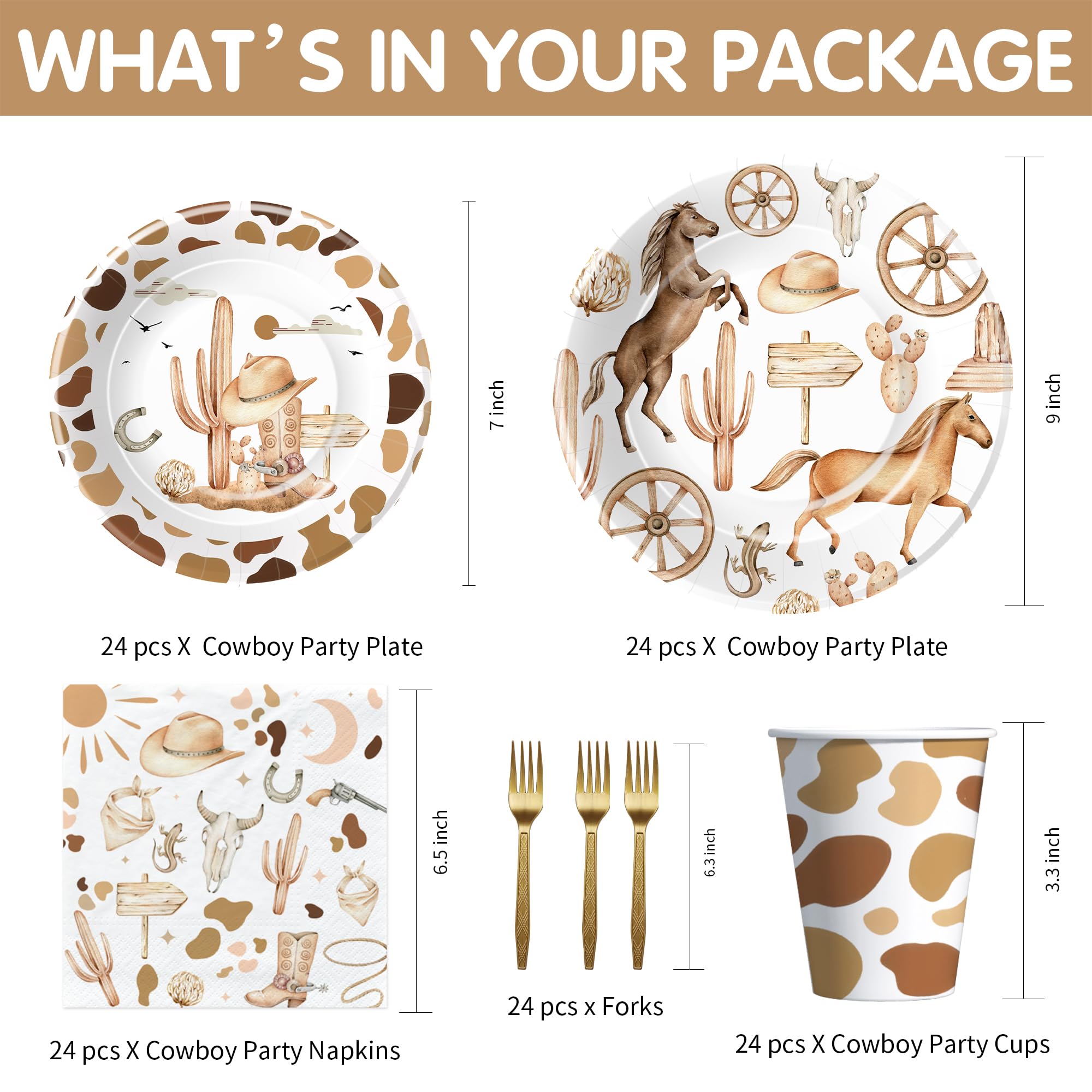 APOWBLS Western Cowboy Party Decorations Dinnerware - Wild West Party Supplies, Paper Plate, Cup, Napkin, Fork, Western Cowboy Rodeo Theme Birthday Baby Shower Decorations Tableware | Serve 24 Guests