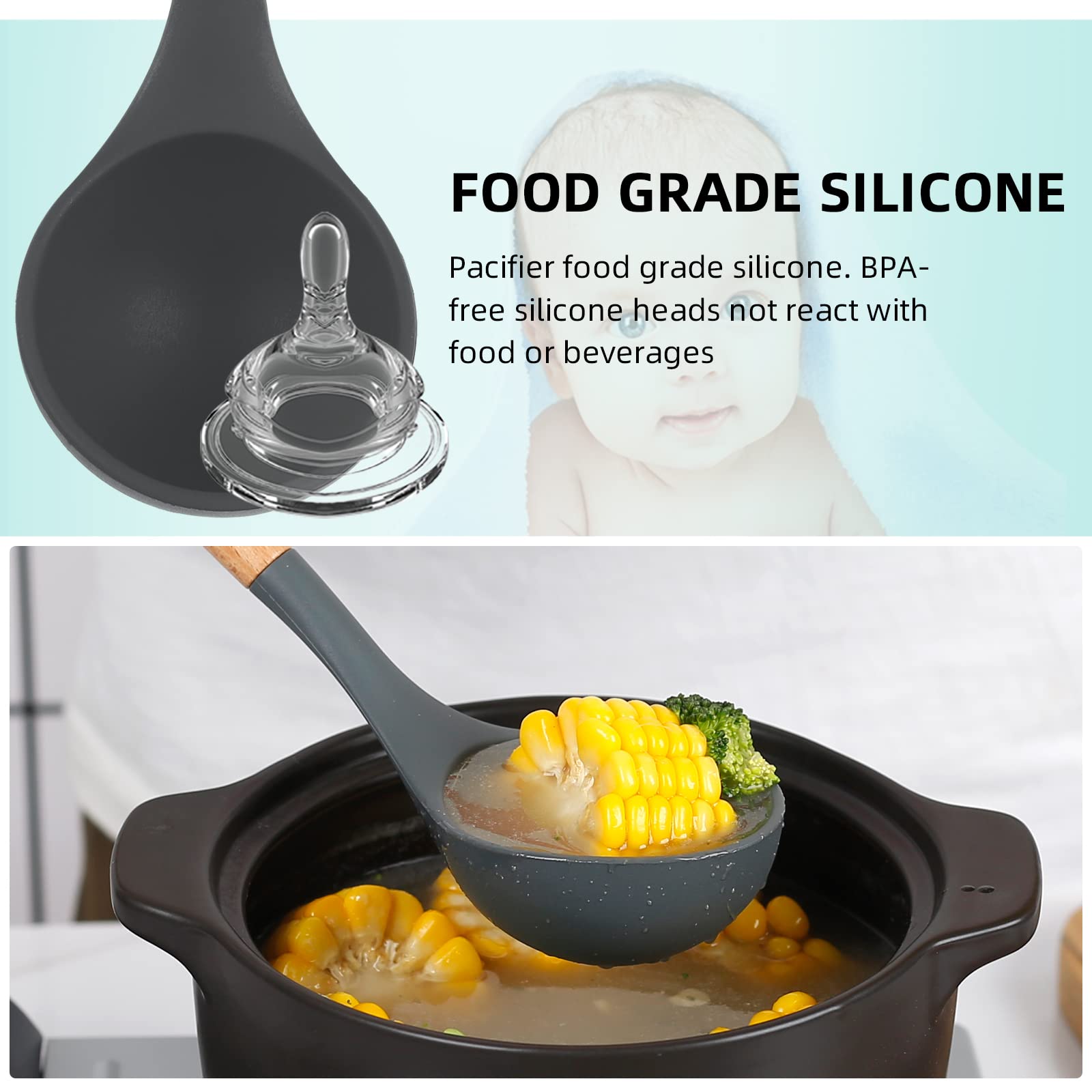33 Pcs Cooking Utensils Set, Heat Resistance Silicone Kitchen Utensils Set with Holder, Non-stick Silicone Spatula Spoon Kitchen Gadgets Utensils Set with Natural Wooden Handle(Grey)