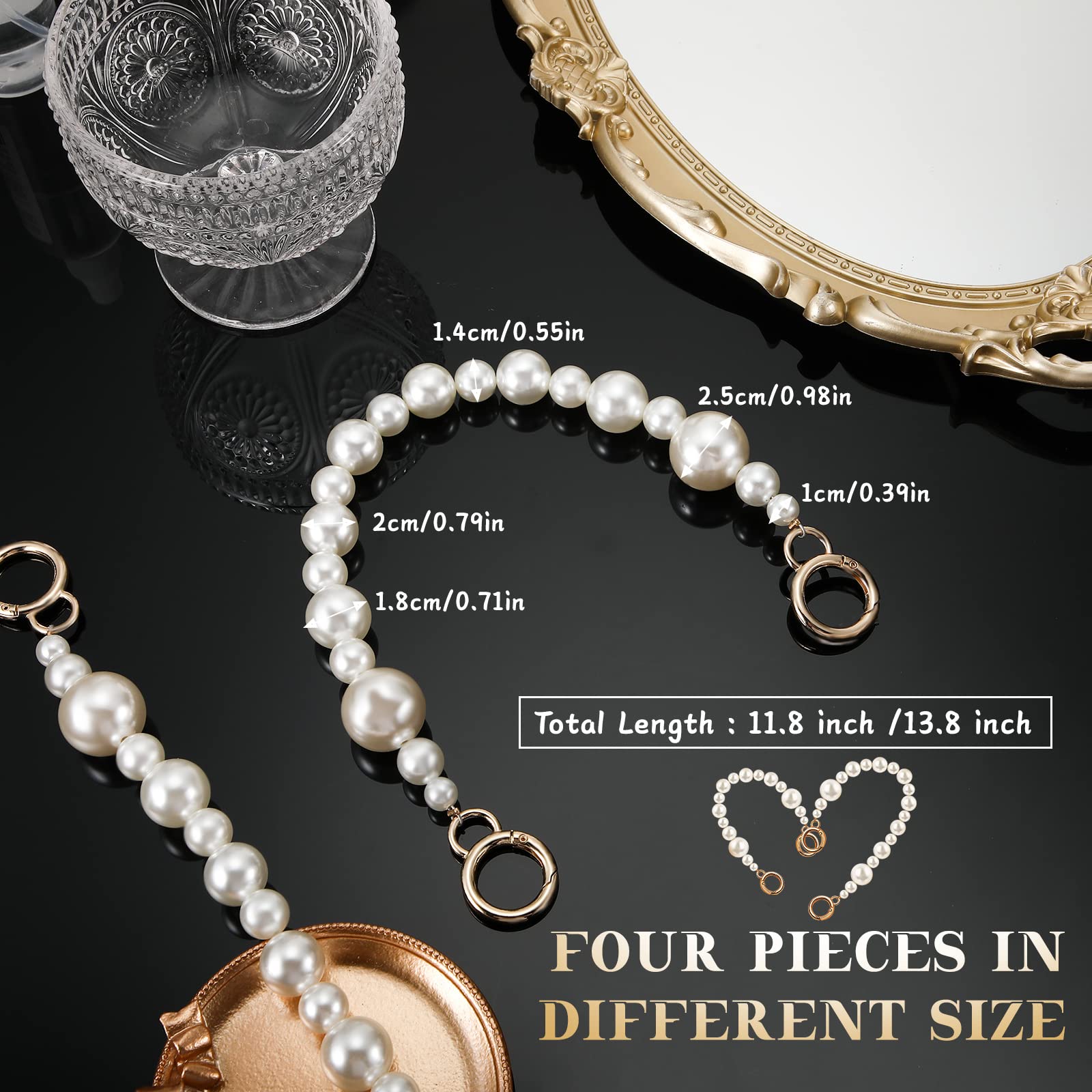 4 Pcs Pearl Bag Strap Short Handbag Purse Pearl Chain Imitation Pearl Bead Handle Chain Elegant Pearl Purse Strap Clutch Replacement Accessories for Women Bag DIY (11.8'', 13.8'')
