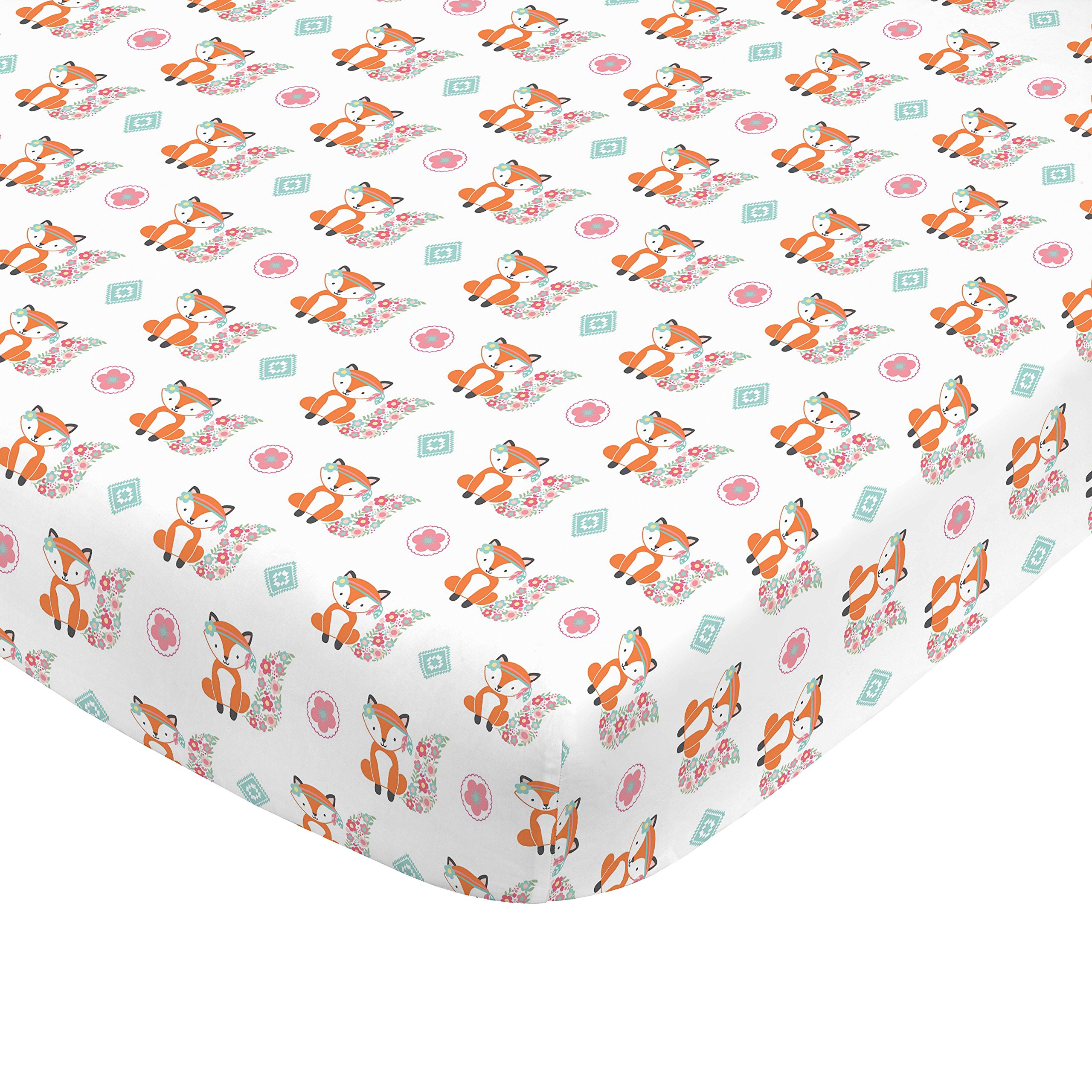 NoJo Aztec Mix & Match 100% Cotton Teal Floral Fox Fitted Crib Sheet, Pink, Orange, Aqua, White