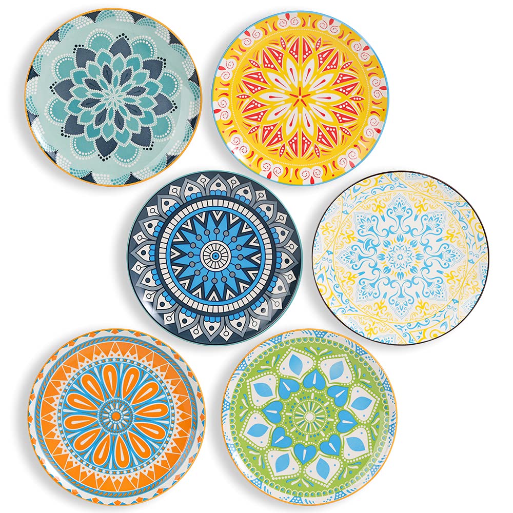 AHX Plate Set 8 Inch - Salad Plates | Dessert Appetizer Plates Colorful - Porcelain Lunch Plates - Set of 6 - Dishwasher and Microwave Safe