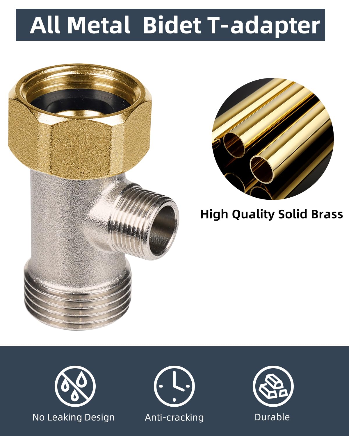 Hibbent Bidet T Adapter, Metal T Valve for Bidet(7/8” x 7/8” x 3/8”), 3 Way Tee Connector Bidet Attachment for Toilet