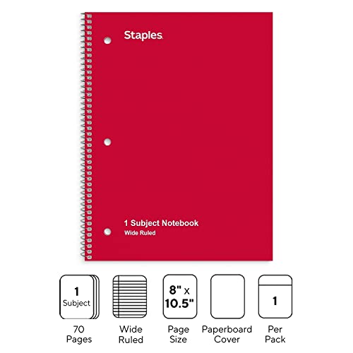 STAPLES 321463 1-Subject Notebook 8-Inch X 10.5-Inch Wide Rule 70 Sh. Assorted (27497M)