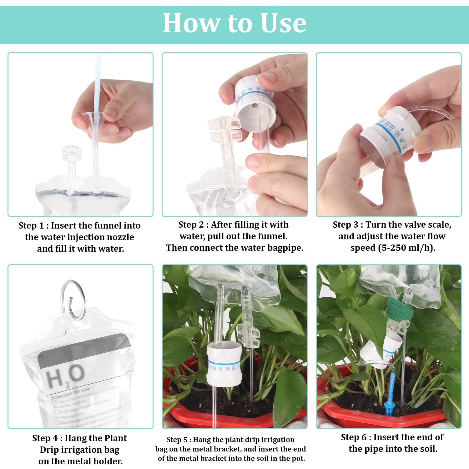 4 Pcs Plant Drip Irrigation Bag, 350ML Plant Self Automatic Flower Watering Devices Irrigation Drippers with Metal Support Rod Self Watering Small Funnel for Indoor Outdoor Automatic Watering System