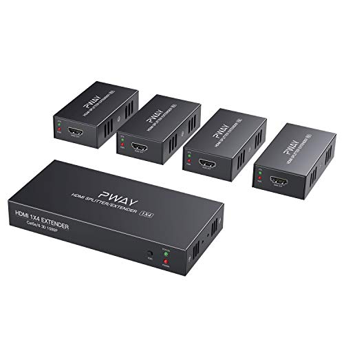 PWAY HDMI Extender Splitter 1x4 Port 1080P Signals Over Cat5e/Cat6 Ethernet Cable Up to 50m/165ft No delay Audio Video 1 in 4 Out for Camera, Laptop, Monitor, TV