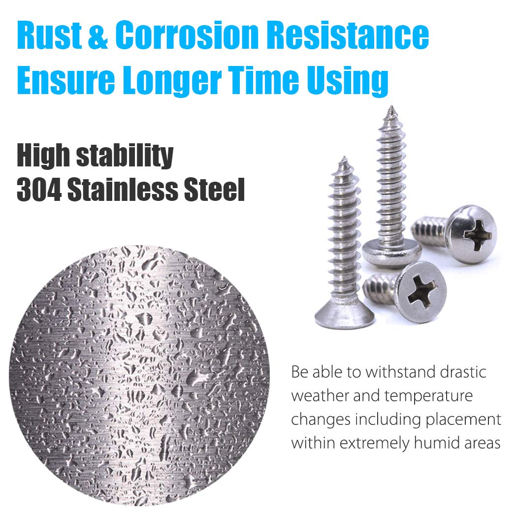 CASAON 570Pcs Self Tapping Screws Assortment Set, M3/M4/M5/M6 304 Stainless Steel Sheet Metal Screws Kit, Phillips Drive Wood Screw Assortment 570pcs (285pcs Round Head and 285pcs Flat Head)