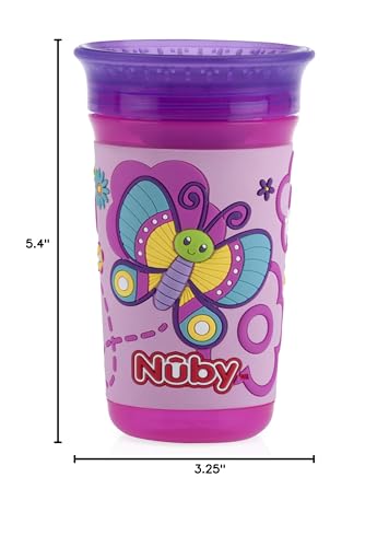 Nuby 360 Degree Easy Sip 3D Grip Wonder Cup with Printed Silicone Sleeve, Purple, Butterfly, 10 Oz