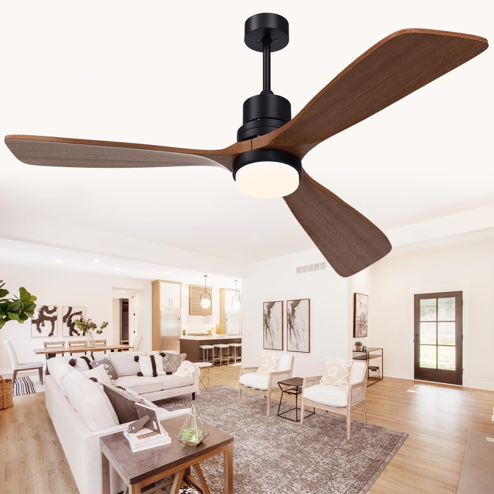 60'' Ceiling Fan with Light Remote Control Modern 3 Wood Blade Ceiling Fan, Outdoor Ceiling Fan Reversible DC Motor and Matte Black