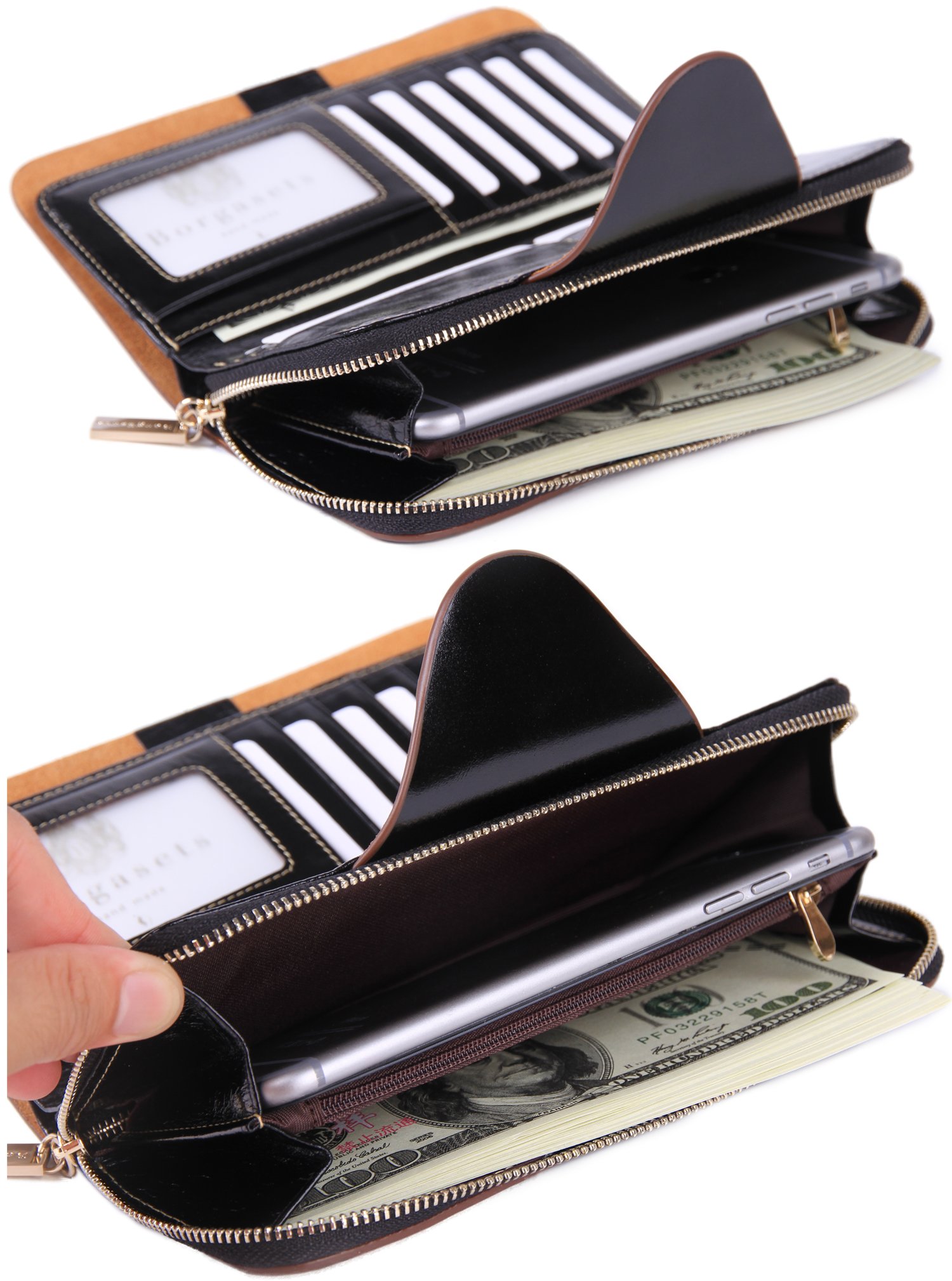 Borgasets RFID Blocking Large Capacity Wax Real Leather Clutch Wallet Card Holder Purse for Women, Black