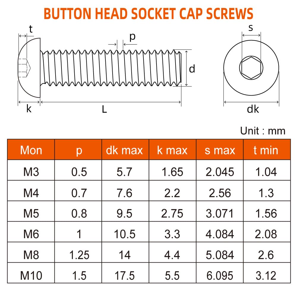M5-0.8 x 14 mm Button Head Socket Cap Screws, Stainless Steel 18-8 (304), Bright Finish, Fully Threaded, 50 PCS