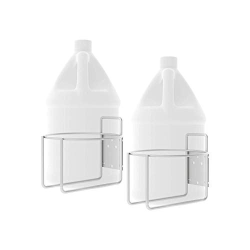 Wall Mounted Gallon Jug Holder Hardware Included | Heavy Duty Steel Frame & Bracket USA Made | Round Bottle Hand Sanitizer, Soap, Detergent & Garage Storage Rack | Powder Coated White 2pk