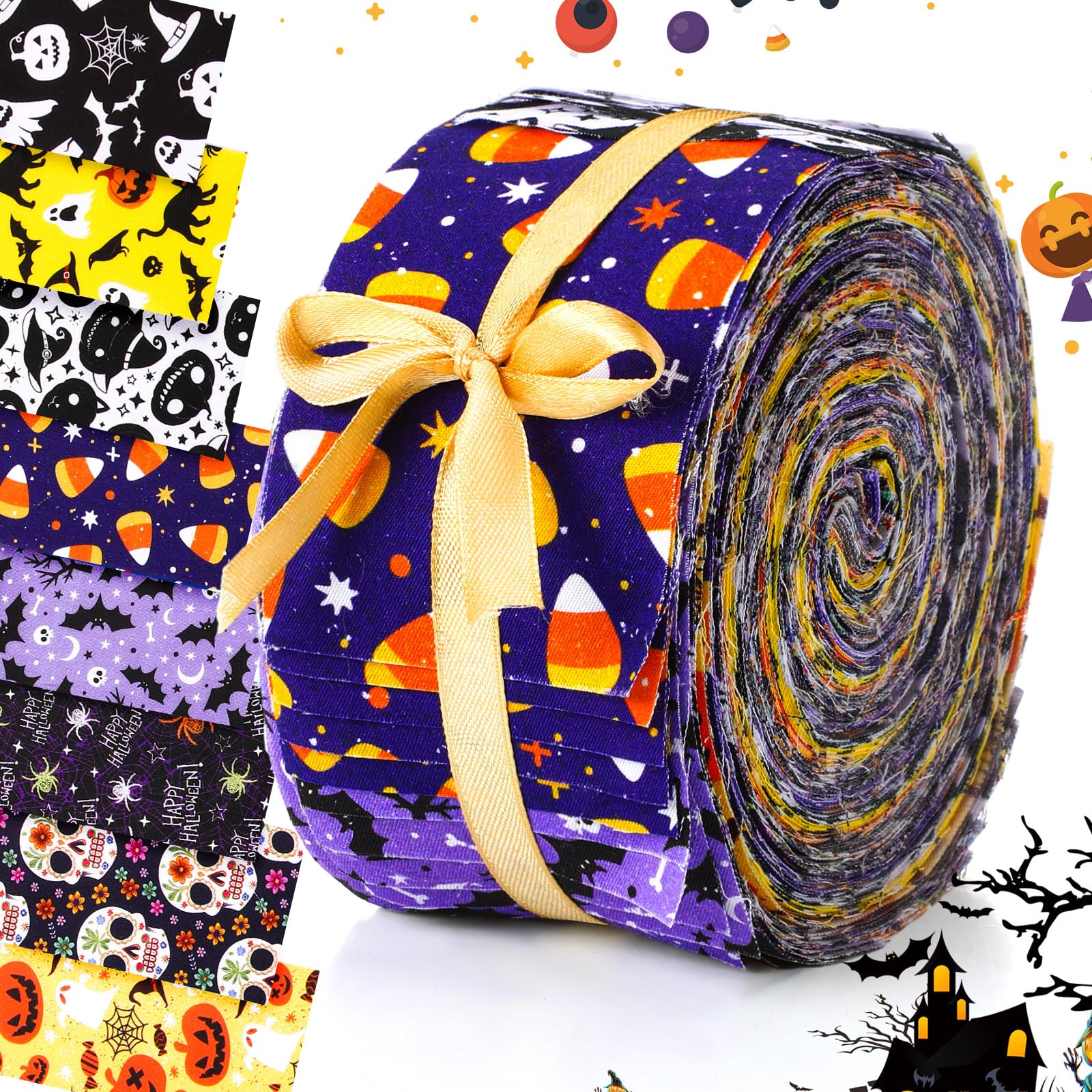 40 Pcs Halloween Cotton Jelly Fabric Roll 40 x 2.6 Inch Quilting Ghost Pumpkin Skull Candy Spider Bat Pre Cut Sewing Fabric Strips Jelly Fabric Roll for Halloween DIY Patchwork Decorations Supplies