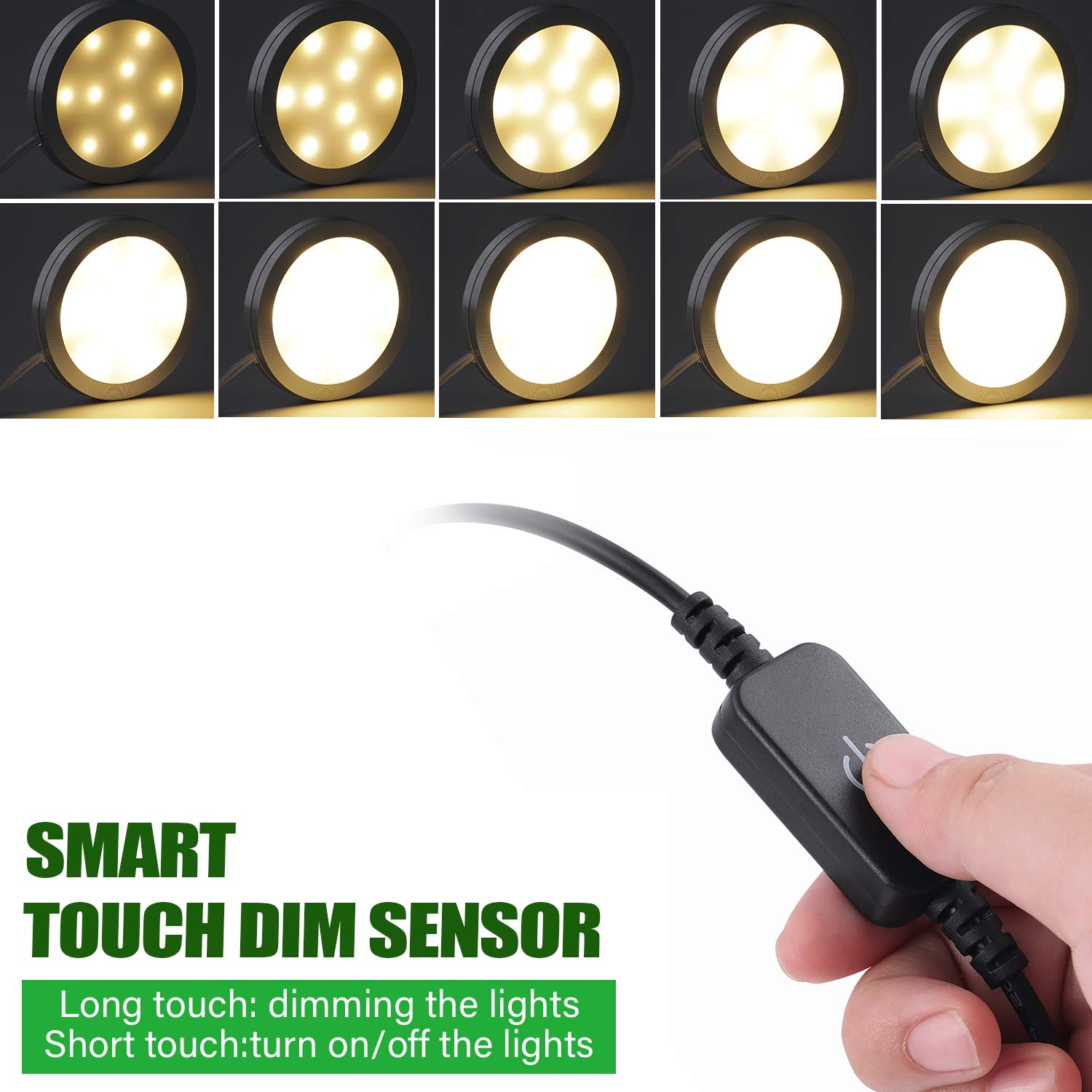 AIBOO Under Cabinet LED Puck Lights Kit with Touching Switch Dimmable for Kitchen Cupboard Closet Lighting (6 Lights,Warm White)