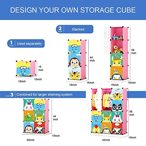 MAGINELS Children Wardrobe Kid Dresser Cute Baby Portable Closet Bedroom Armoire Clothes Hanging Storage Rack Cube Organizer,(Pink, 8 Cube & 2 Rod)