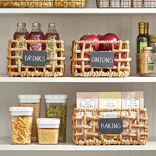 mDesign Water Hyacinth Open Weave Household Basket with Built-in Chalkboard Label for Storage in Bedroom, Bathroom, Office - Hold Clothes, Blankets, Linens, Accessories, 3 Pack - Natural/Tan
