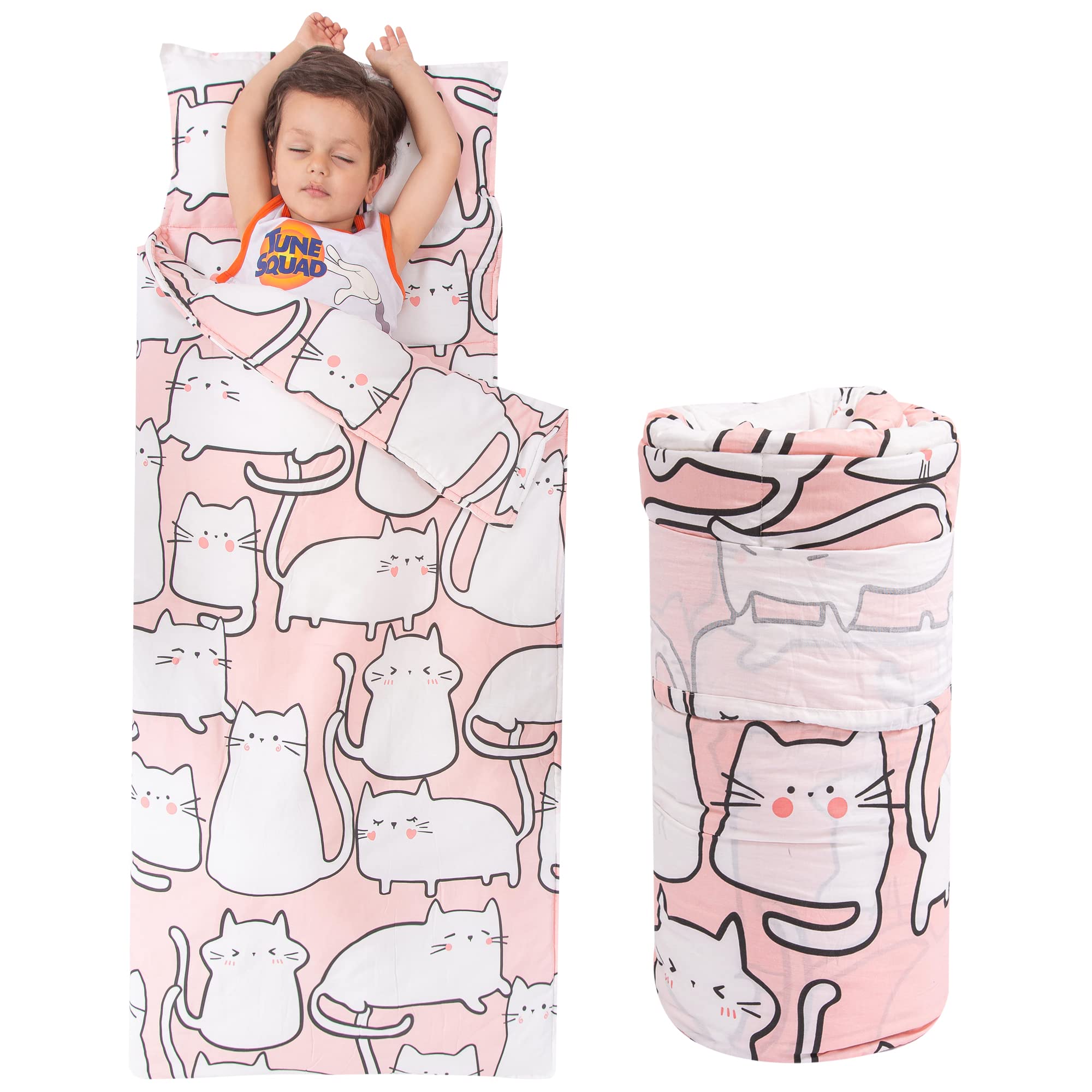 Rossison Nap Mat with Pillow and Blanket 100% Cotton with Microfiber Fill, Padded Sleeping Mat, for Daycare Preschool Toddler Prek Boys Girls Kids (Pink White Cat, Extra Long-56"x20")
