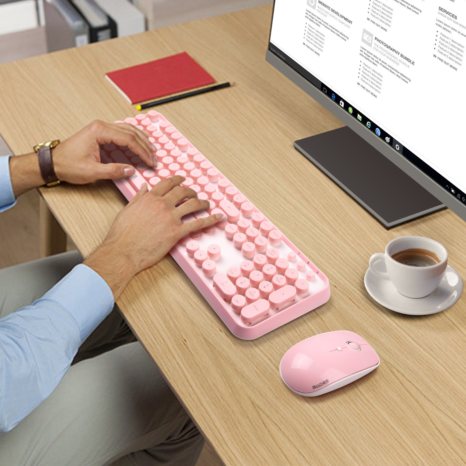 SADES V2020 Pink Wireless Keyboard with Round Keycaps,2.4GHz Dropout-Free Connection,Long Battery Life,Cute Wireless Moues for PC/Laptop/Mac(Pink)