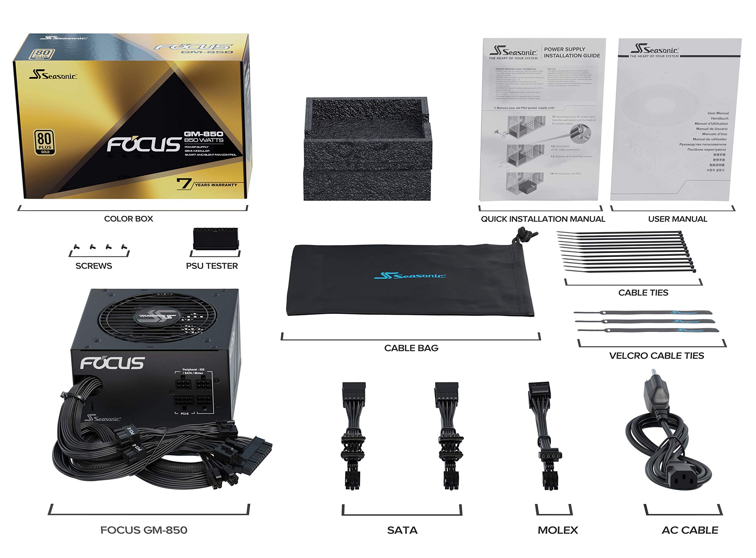 Seasonic Focus SSR-850FM, 850W 80+ Gold, Semi-Modular, Fits All ATX Systems, Fan Control in Silent and Cooling Mode, 7 Year Warranty, Perfect Power Supply for Gaming and Various Application