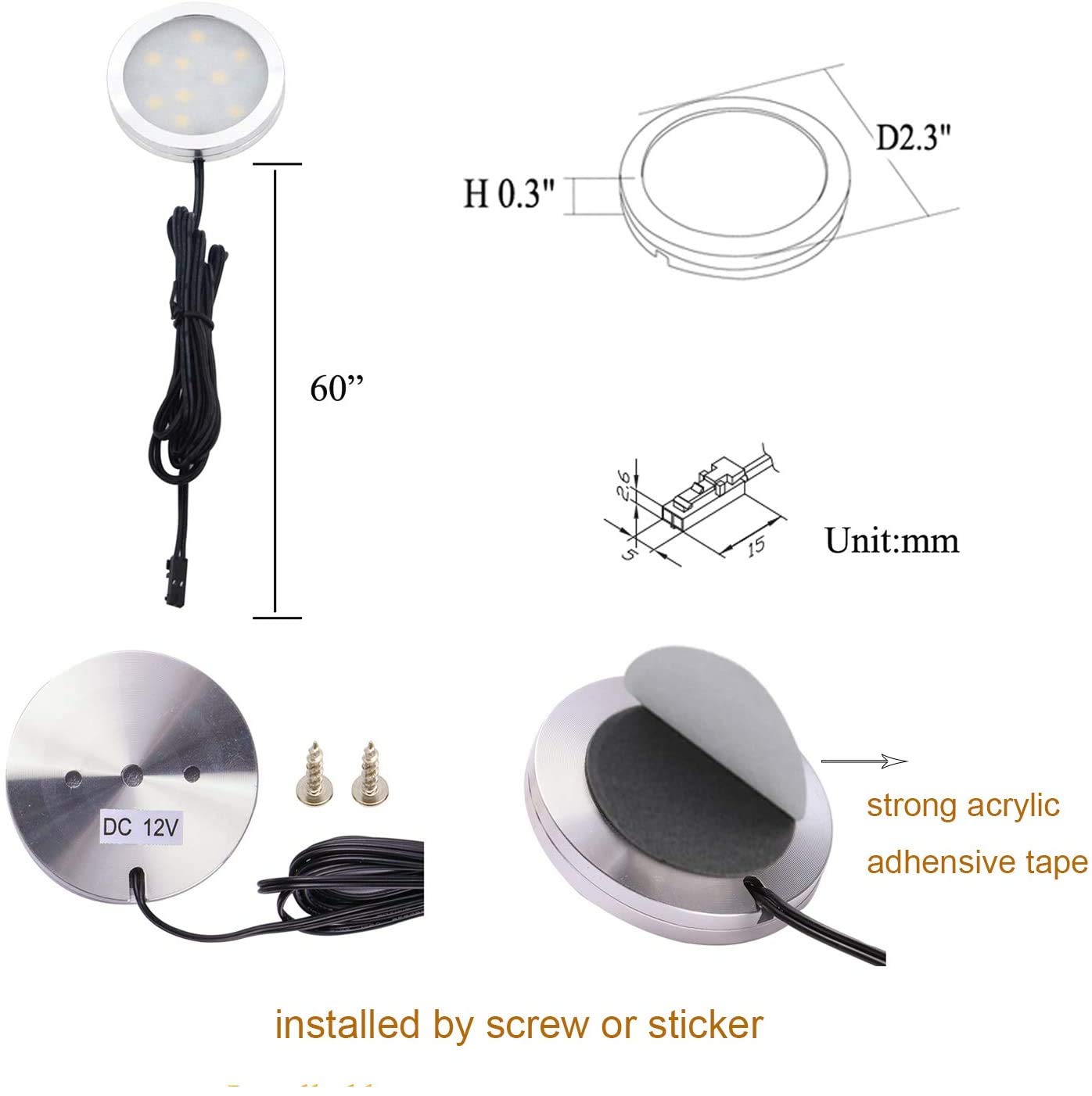 AIBOO Under Cabinet LED Puck Lighting Kit Black Cord with Touch Dimmer Switch for Kitchen Showcase Cupboard Closet Lighting 3 Lights 6W (Warm White)