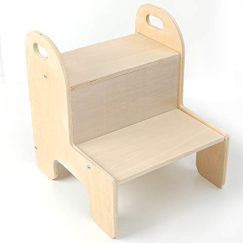 GEMEM Wooden Toddler Step Stool for Kids, Two Step Wooden Toddler Step Stool with Handles and Bonus Non-Slip Pads, Safety Children's Stool Use for Kitchen, Bathroom & Potty Training Dual Height