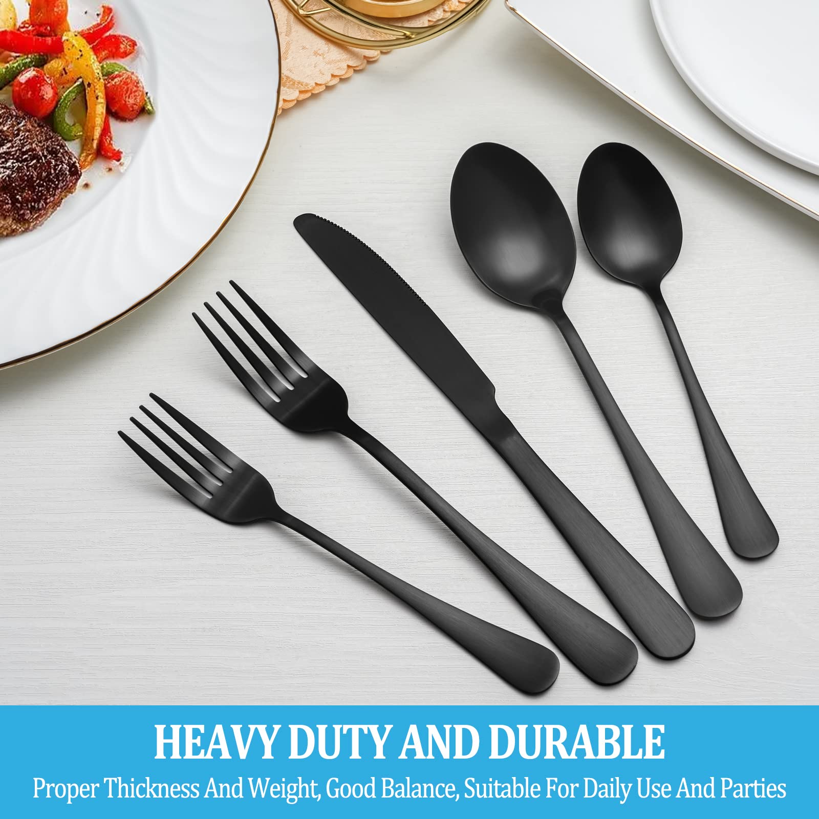 40 Piece Matte Black Silverware Set,Stainless Steel Flatware Cutlery Set Service for 8,Kitchen Tableware Set,Utensil Set for Home and Restaurant,Knives Forks Spoons Set,Satin Finish,Dishwasher Safe
