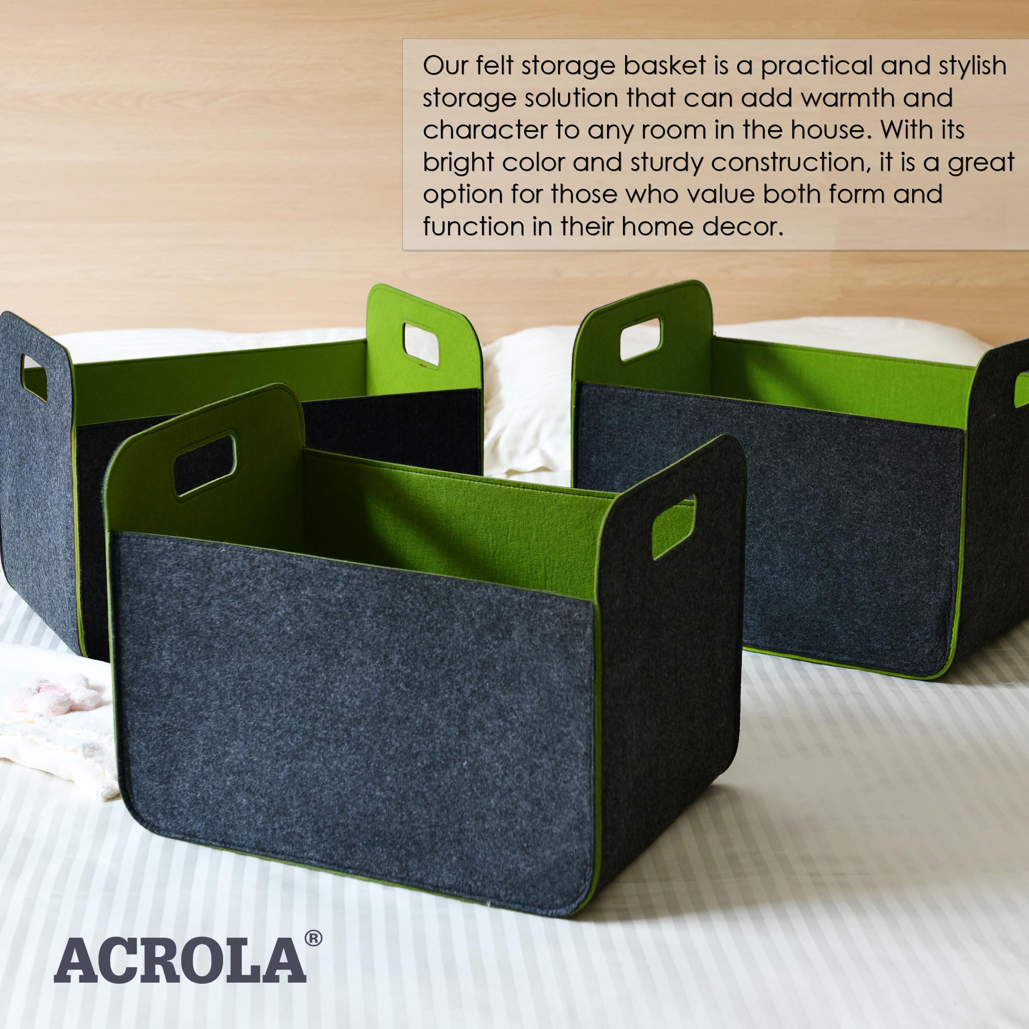 Acrola 3-Pack of FlexForm DuoTone Felt Storage Bins: 16.5"x11.8"x11.8" - Premium Double-Layered Design, Collapsible & Spacious - Perfect for Home & Office Organization (Green)