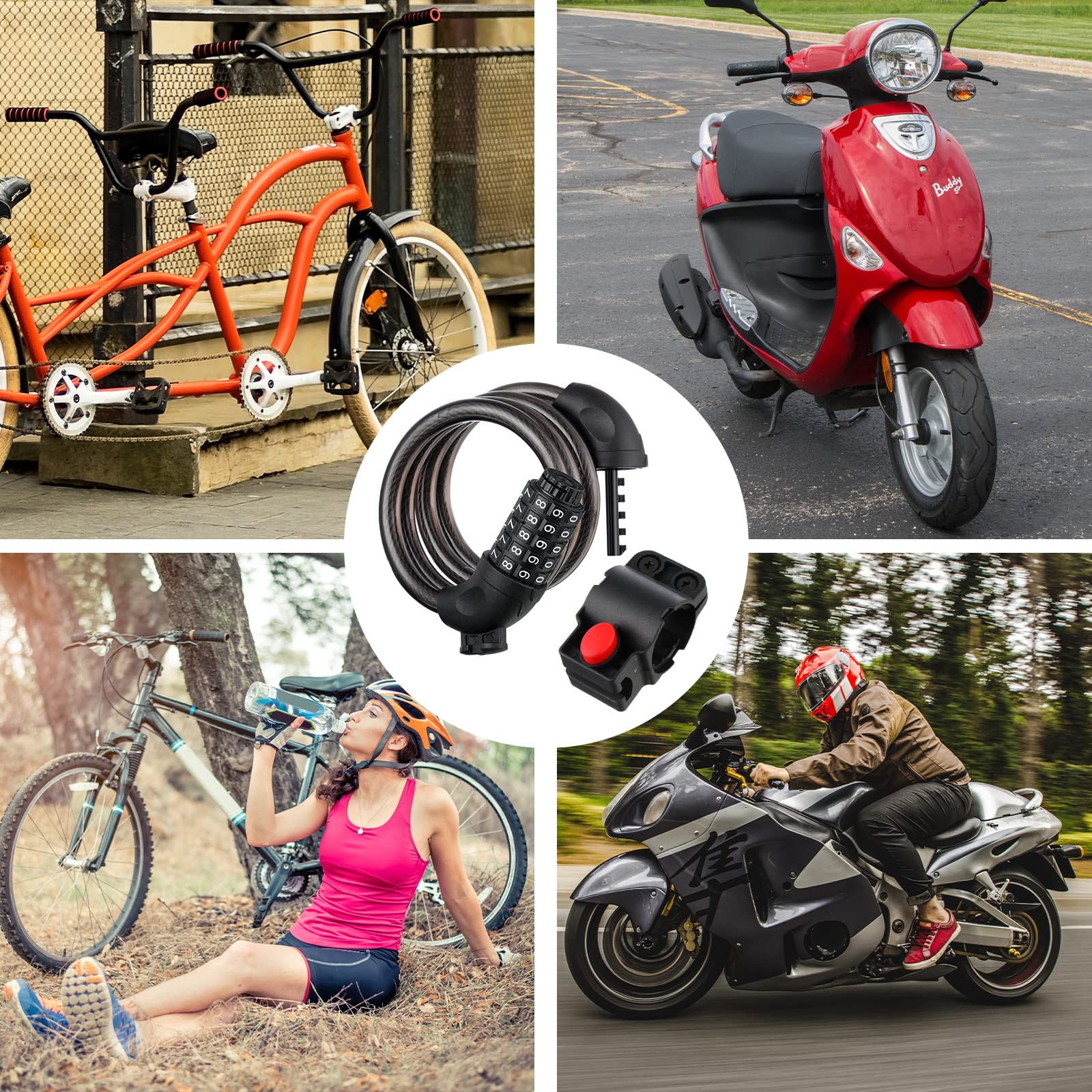 4 Pieces Bike Lock 4 Feet Bike Lock Cable 5 Digit Resettable Combination Code Security Coiling Bicycle Lock 2/5 Inch Diameter with Mounting Bracket for Bicycle Outdoors (Black)