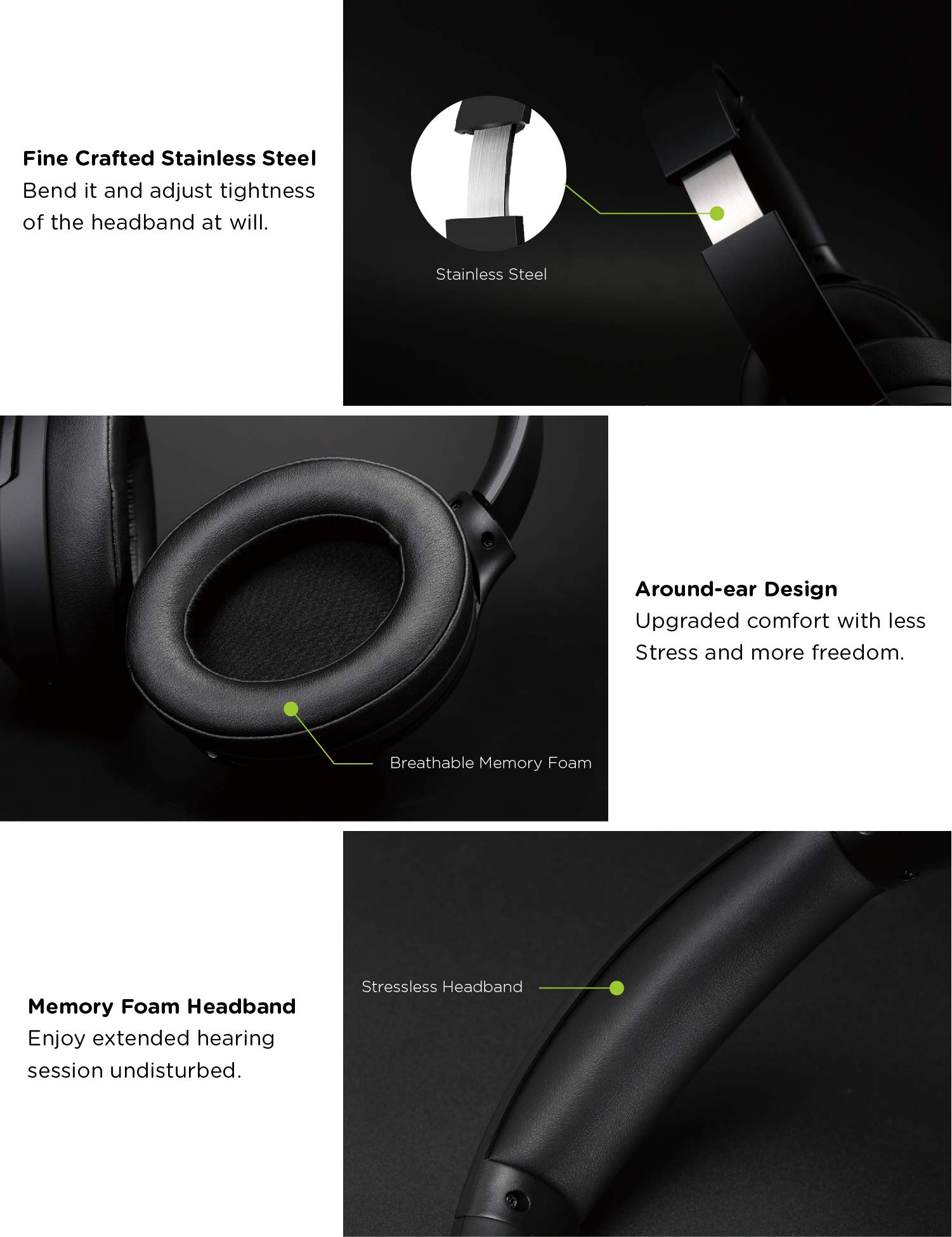 abingo Noise Cancelling Headphones Hybrid Active Over-Ear Head Phones with Bluetooth Microphone Wired or Wireless for Phone Call, Black