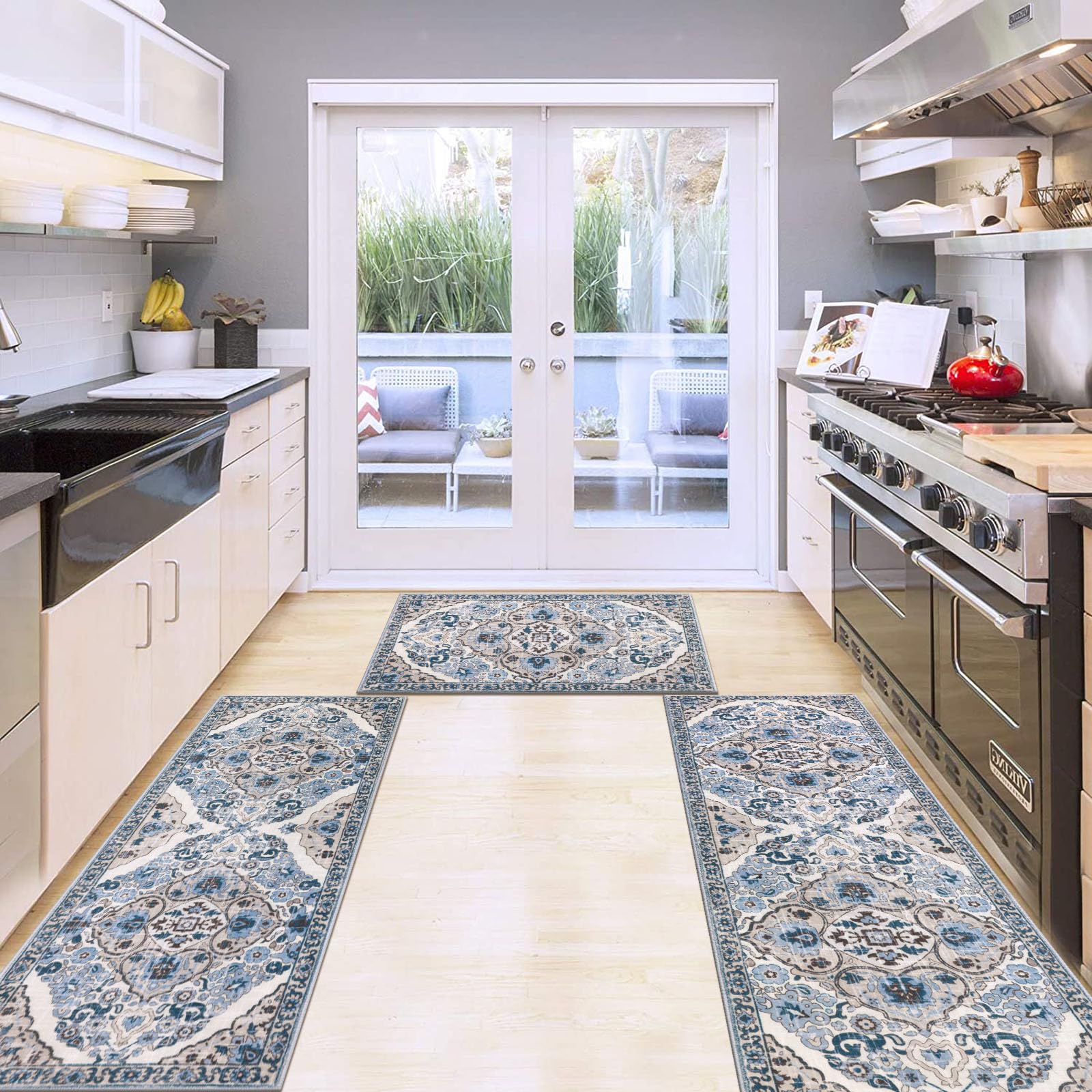 HEBE Farmhouse Kitchen Rugs Sets of 3 Non Slip Washable Kitchen Rugs and Mats Boho Kitchen Mats for Floor Kitchen Runner Rug Kitchen Carpet Rug Runner for Hallways Kitchen Laundry
