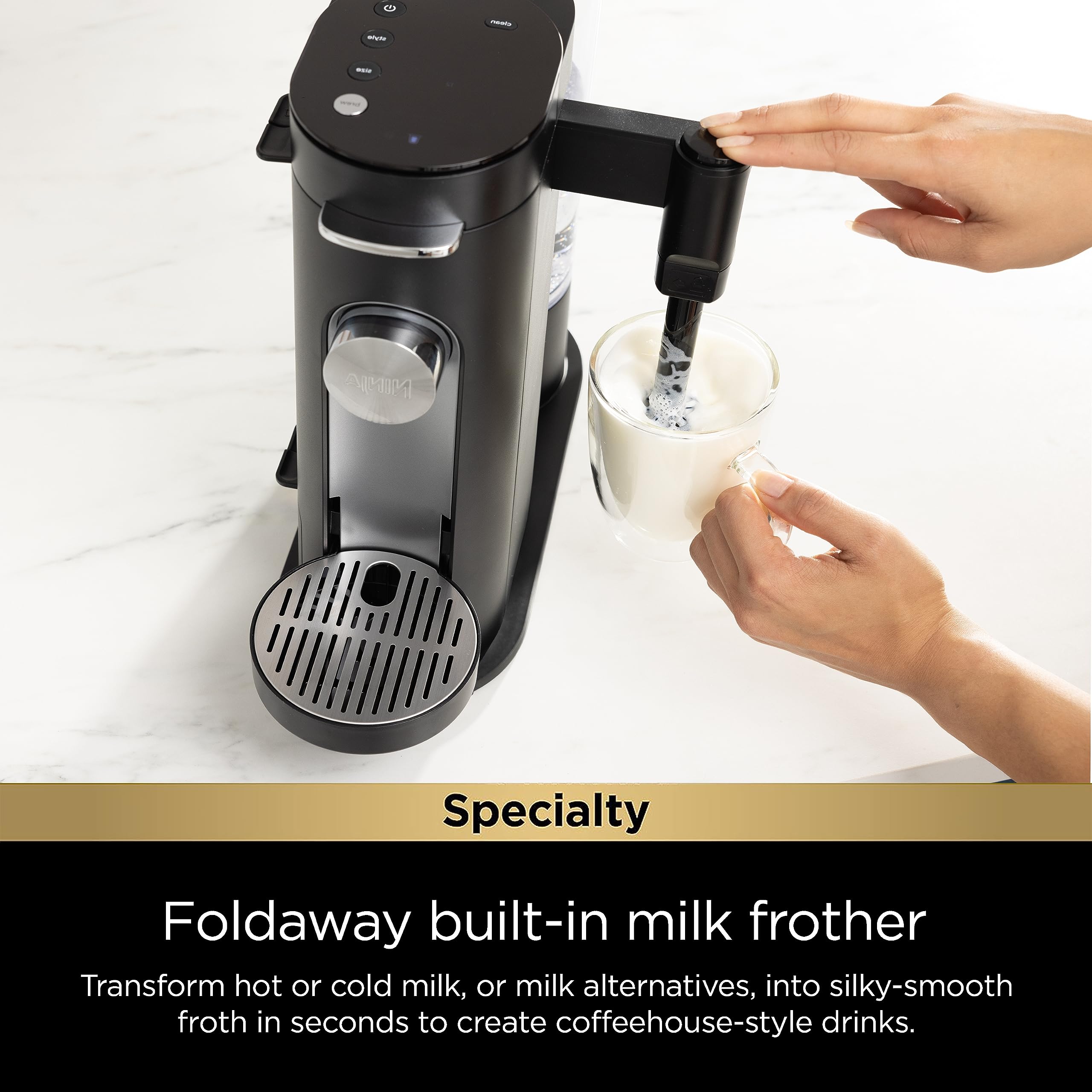 Ninja PB051 Pods & Grounds Specialty Single-Serve Coffee Maker, Compatible with K-Cups, Built-In Milk Frother, 6-oz. Cup to 24-oz. Travel Mug Sizes, Black (Renewed)