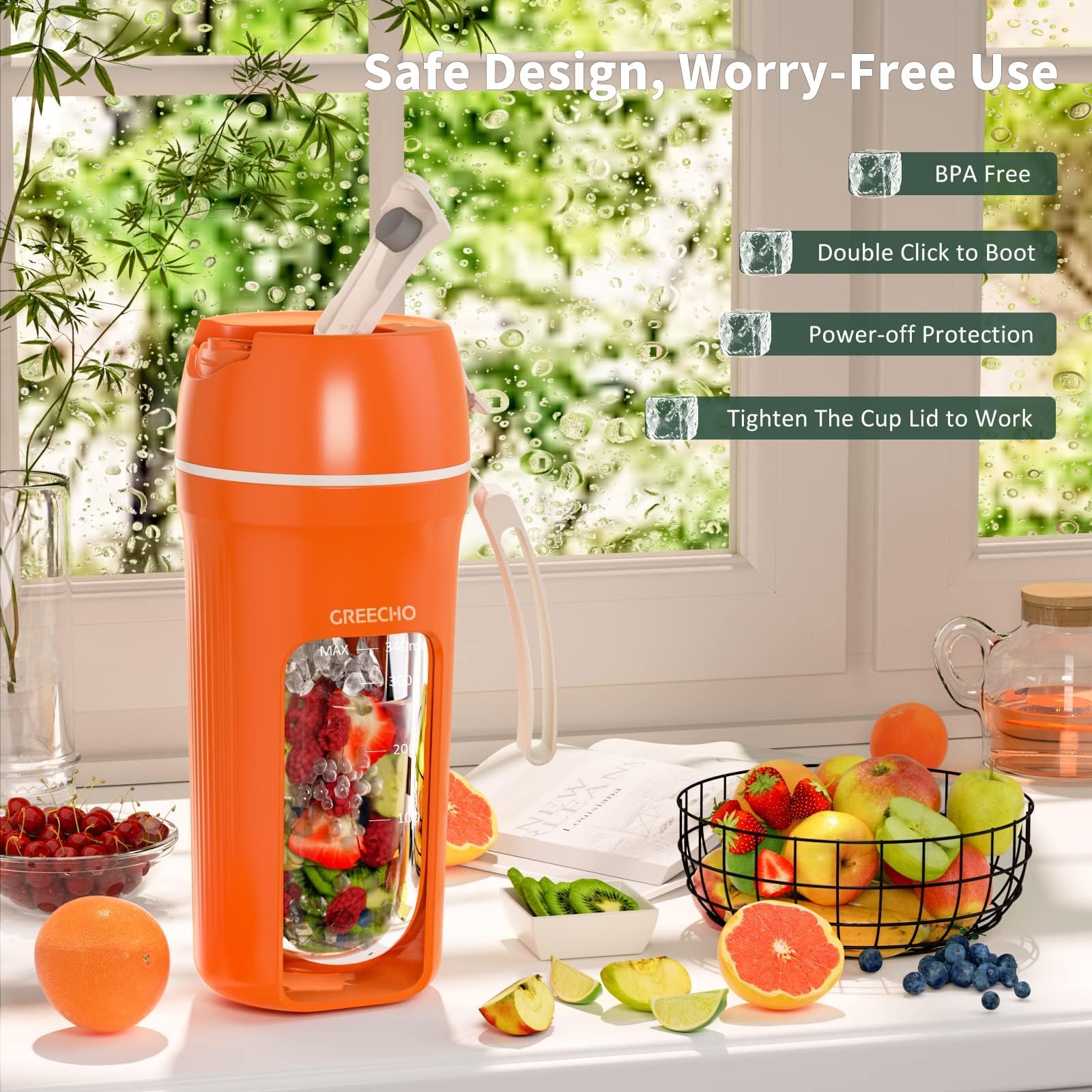 GREECHO Portable Blender, One-handed Drinking Mini Blender for Shakes and Smoothies, 12 oz Personal Blender with Rechargeable USB, Made with BPA-Free Material Portable Juicer, Carrot Orange