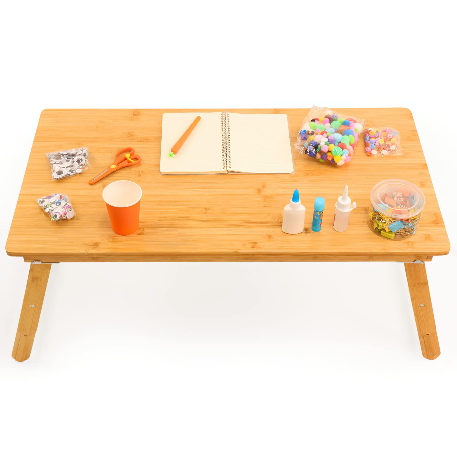 Adjustable Large Size Laptop Desk,Bamboo Lap Table Bed Tray,Foldable 4 Legs Serving Tray Working, Eating and Gaming for Bed,Couch,Floor, 33.5x17.7in