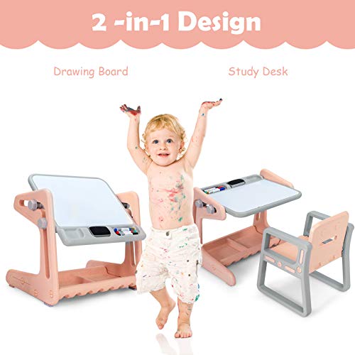 Costzon 2 in 1 Kids Table & Chair, Art Easel w/Adjustable Magnetic Painting Board, Storage Space, Art Supply Accessory, Children Convertible Activity Table Set for Drawing Reading Art Playroom (Pink)