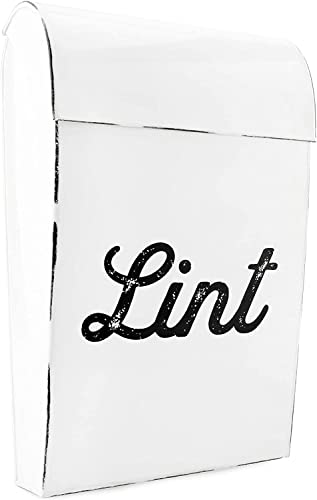AuldHome Farmhouse Enamelware Lint Holder Bin; Distressed White Laundry Room Decor