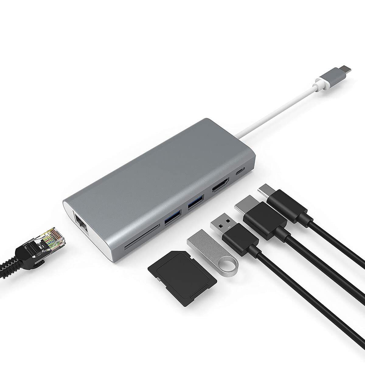6 in 1 Type-C Hub Docking Station Adapter with 2* USB3.0/ SD Card Reader/ HD/ RJ45 Port/ PD Fast Charging