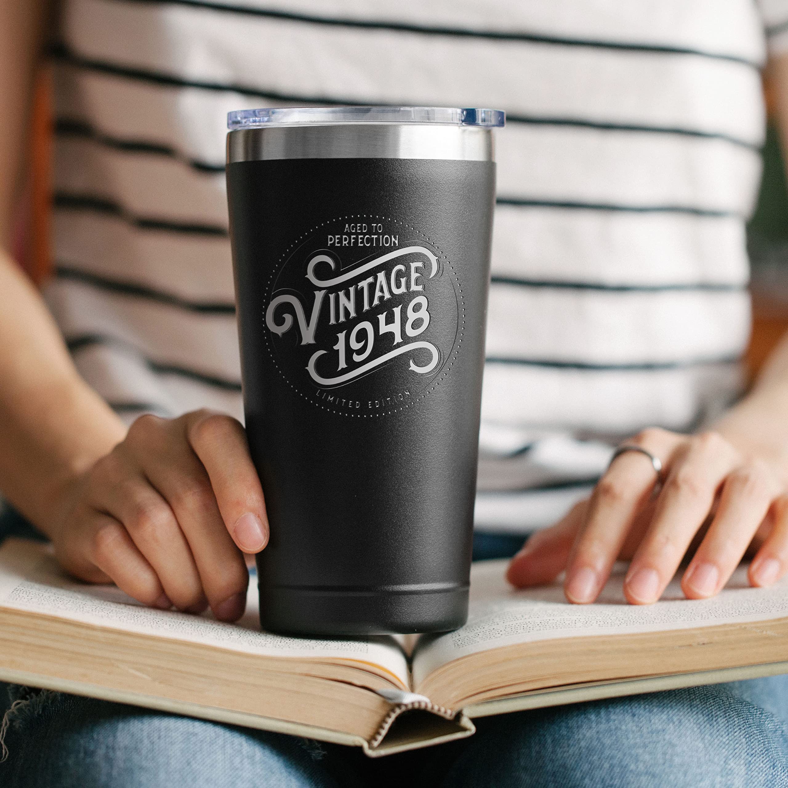 75th Birthday Gifts for Men - 1948 Vintage 16 oz Stainless Steel Black Coffee Tumbler