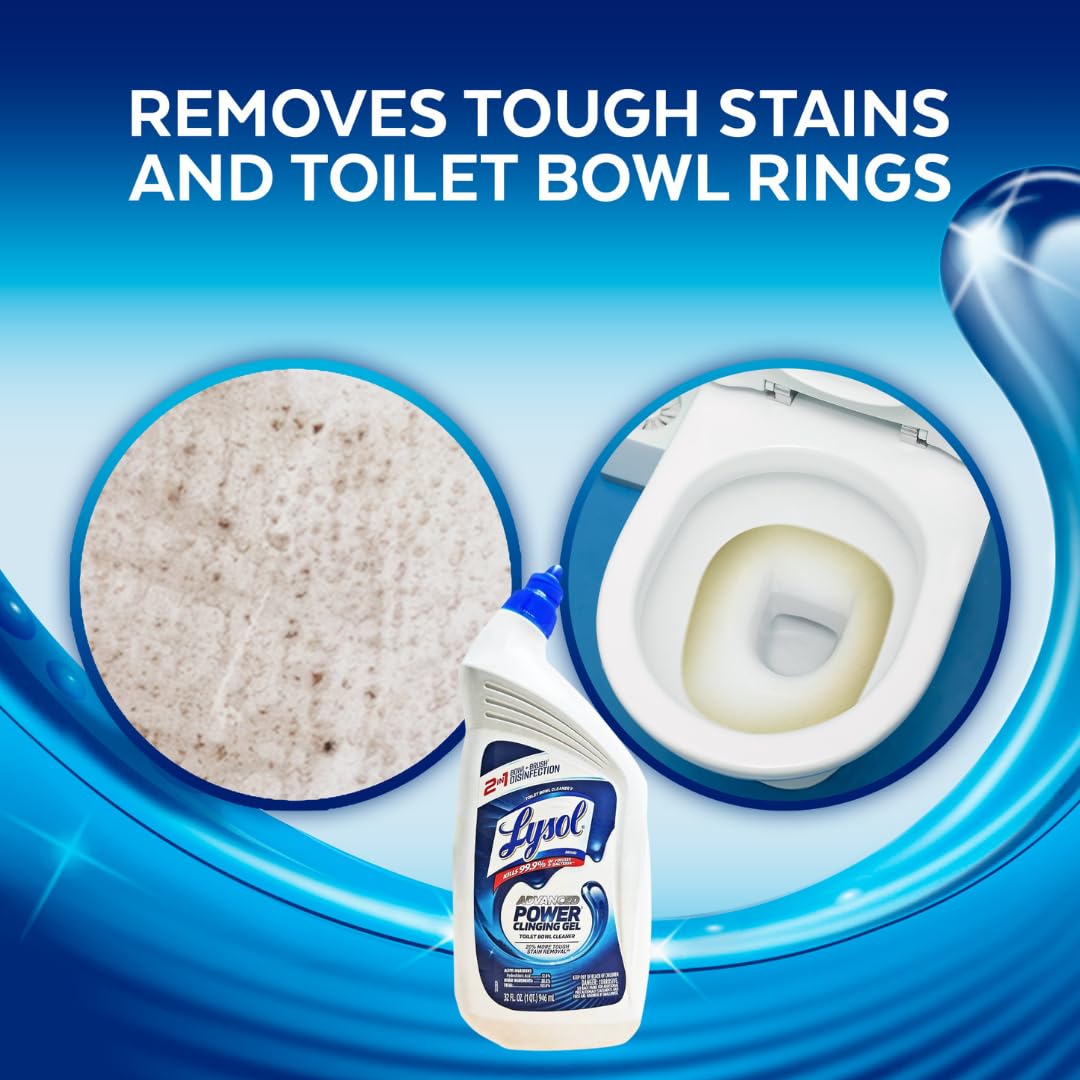 4PK Lysol®' Power Clinging Gel Toilet Bowl Cleaner ADVANCED 32FL Oz EACH - 128FL Oz TOTAL + 2pk Microfiber Cleaning & Dust Removal Gloves + 1 Plastic V-Type Toilet Brush