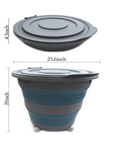 SAMMART 66L(17.4 Gallon) Collapsible Plastic Garbage Bin with Wheels & Removable Lid-Foldable Pop Up Container-Portable Washing Tub-Space Saving Basket,Water Capacity 56L(14.8 Gallon)(Grey/Blue)