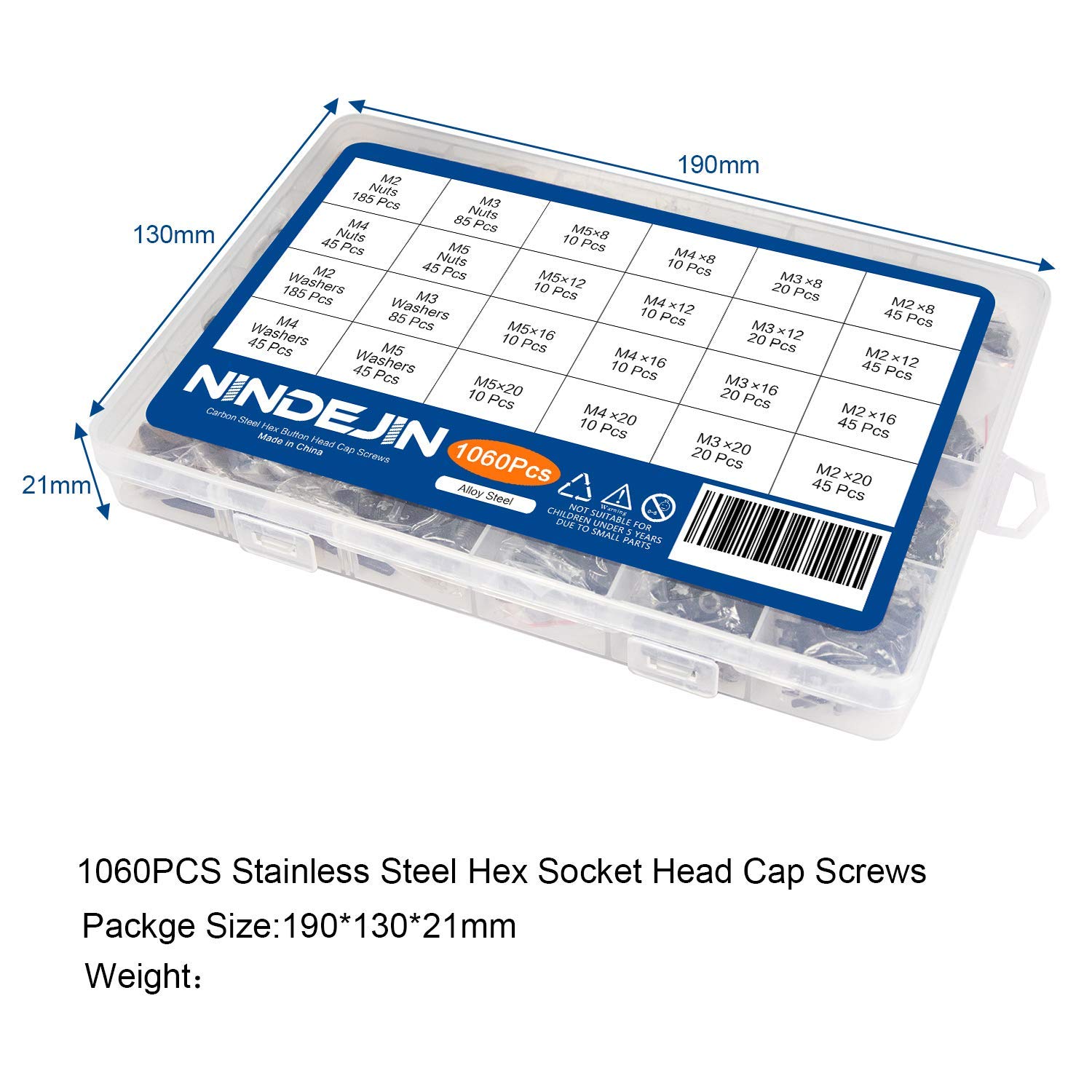NINDEJIN M2 M3 M4 M5 Hex Socket Head Cap Screw Bolts Nuts and Washer Assortment Kit, 1060 PCS Black Machine Screws Set, 12.9 Carbon Steel Metric Small Parts with 4 Pieces Allen Wrenches