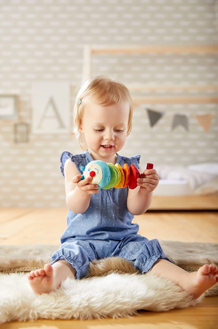 Haba Clatter Figure Caterpillar Mina, Baby rattles 6 Months, Cuddly Toy, 303192, Multicolour