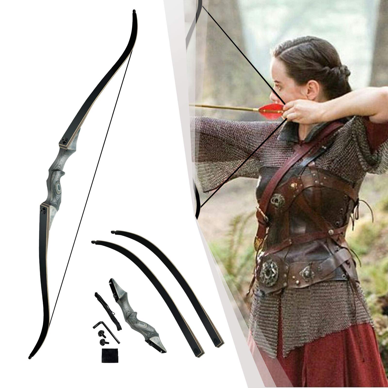 35lb Black Hunter Takedown Recurve Bow & 35lb Black Hunter Takedown Longbow, 60" Right Handed with Ergonomic Design for Outdoor Training Practice