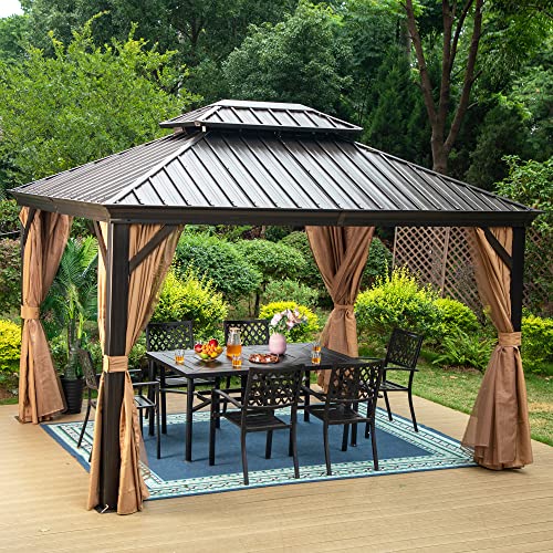 PHI VILLA 10' X 12' Outdoor Hardtop Gazebo on Clearance, Double Roof Gazebo with Curtains and Netting, Permanent Pavilion Gazebo with Aluminum Frame for Patios, Gardens, Lawns(Brown)