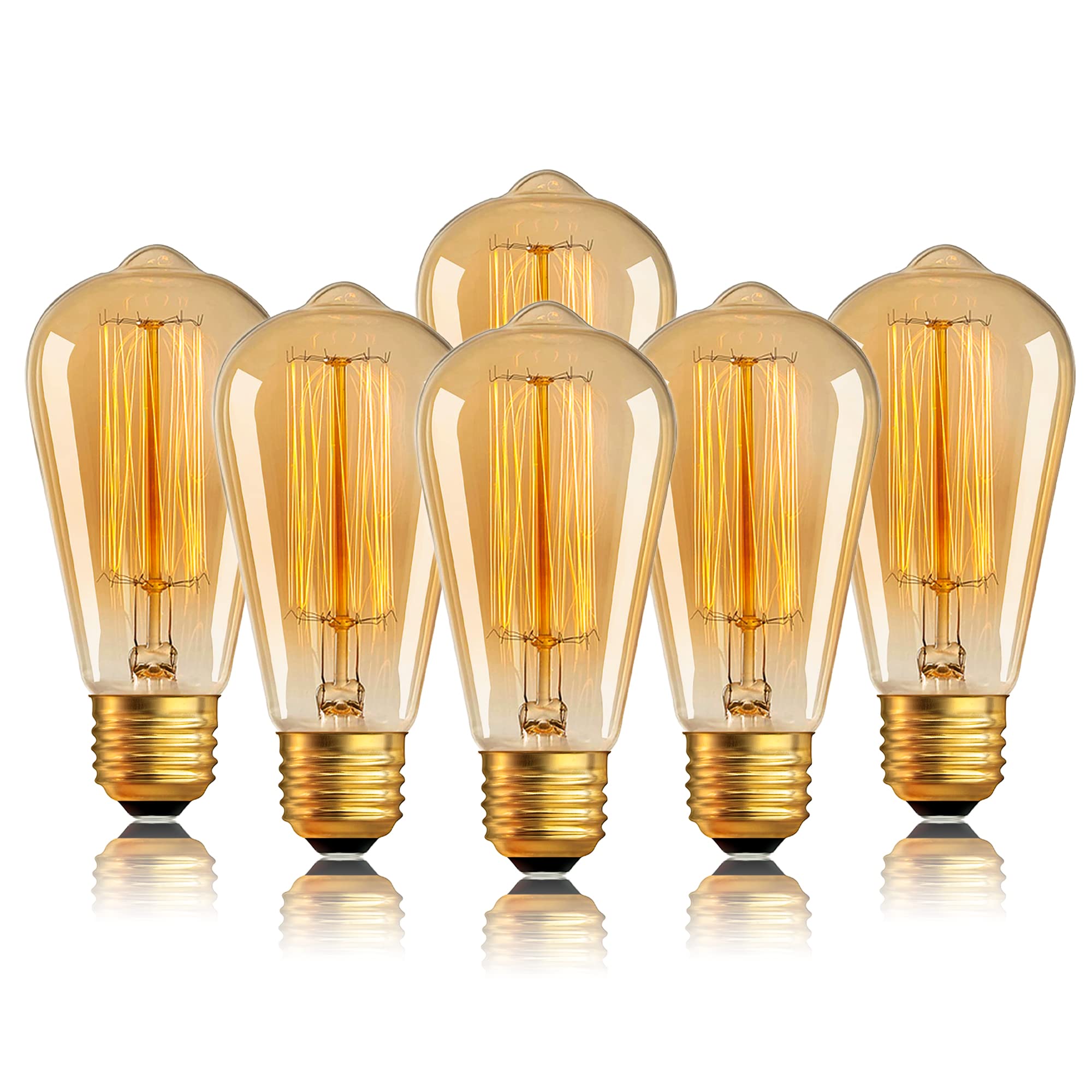 Sevici Edison Bulb, 6 Packs, ST64 60W 120V Edison Bulb Retro Incandescent Bulb, E26/E27 Base, 2200K Amber Warm Yellow Base, Dimmable, Retro Glass Bulb, Suitable for Outdoor and Indoor