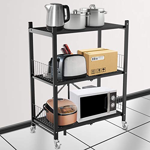 GLANDU 3-Shelf Collapsible/Foldable Heavy Duty Shelving Unit, Steel Organizer Wire Rack with Wheels, Rolling Cart, Home Kitchen Laundry Closet Storage(3-Tier)