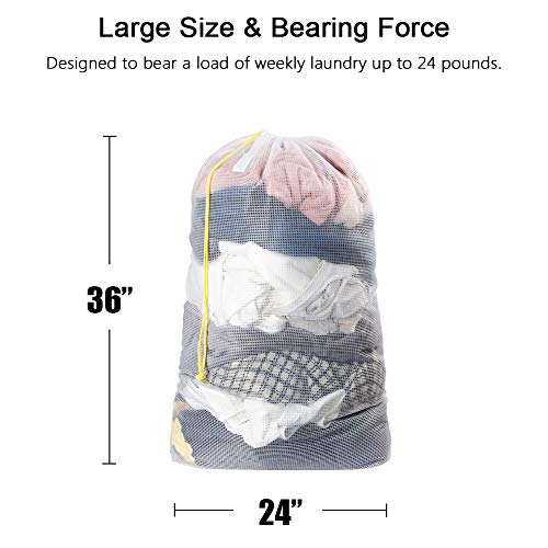 Plusmart Mesh Laundry Bags with Drawstring, 24" x 36" Extra Large Laundry Bags with Staps, for Travel, College Dorm, Apartment, Family, 3 Pack, White, Machine Washable